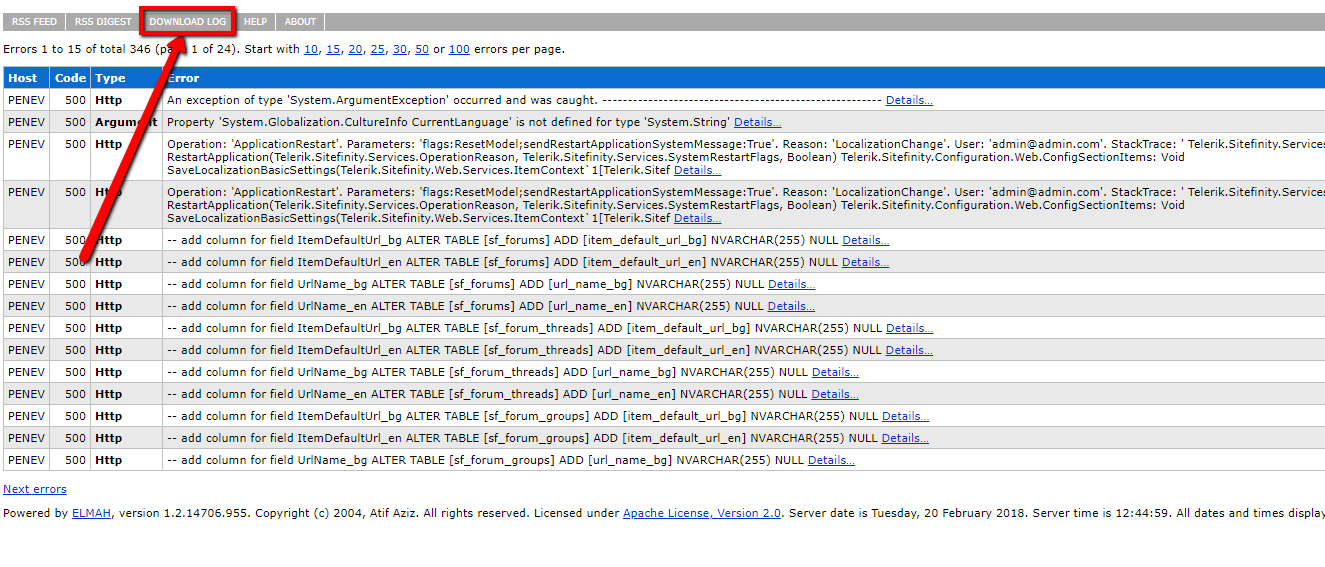An error is present when downloading error log from ELMAH caused by ELMAH API - Progress Community