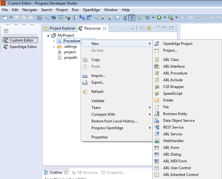 OpenEdge types missing in New menu in Custom Perspective - Progress ...