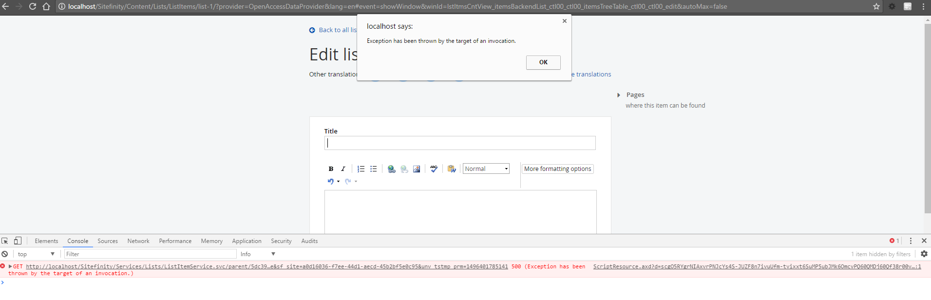 Exception Has Been Thrown By The Target Of An Invocation Error When Editing A List Item