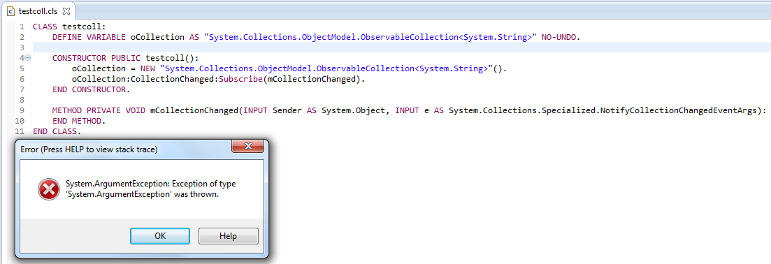 Subscription to .Net collection event leads to ArgumentException - Progress Community