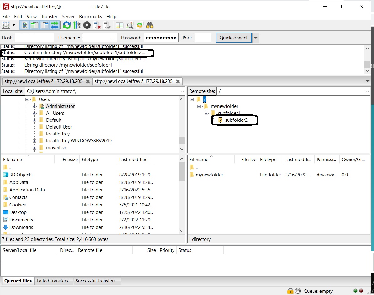 User not able to create subfolders, in their folder tree via Filezilla. - Progress Community